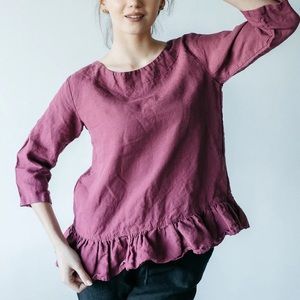 Tops | 34 Sleeve 10 Linen Blouse With Ruffled Bottom | Poshmark